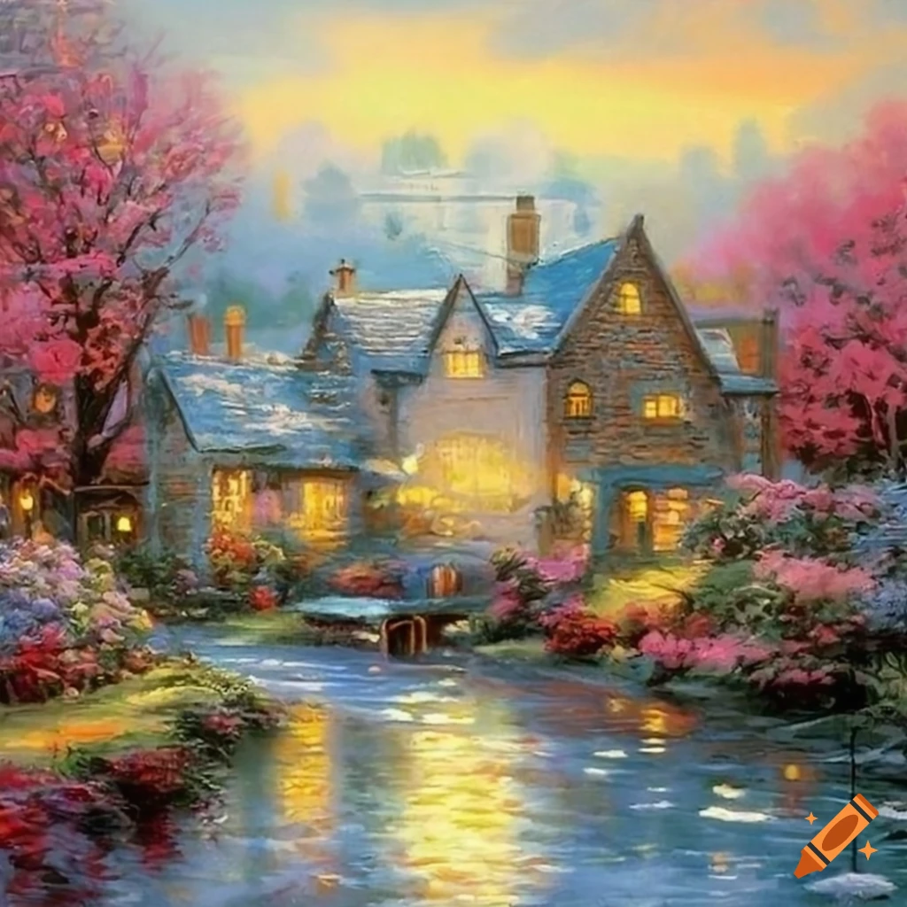 Thomas kinkade cityscape painting in a spring morning on Craiyon
