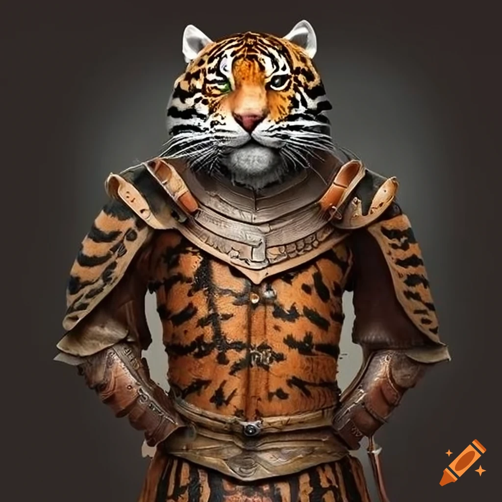 Anthropomorphic tiger in elegant leather armor on Craiyon
