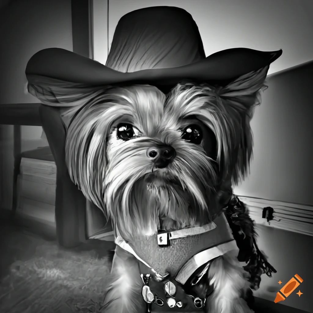 Yorkie dog dressed as a cowboy in a steam punk western texas setting on ...