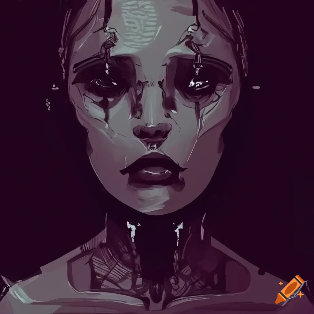 Female cyborg goddess in a dark cyberpunk cityscape blending human and ...