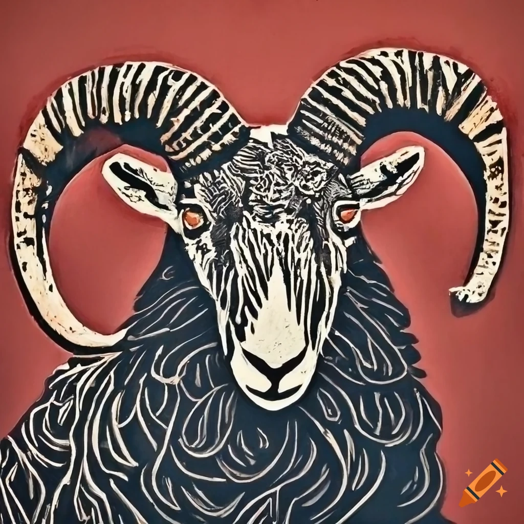 Big horn sheep with a unique and intense expression in linocut style on ...