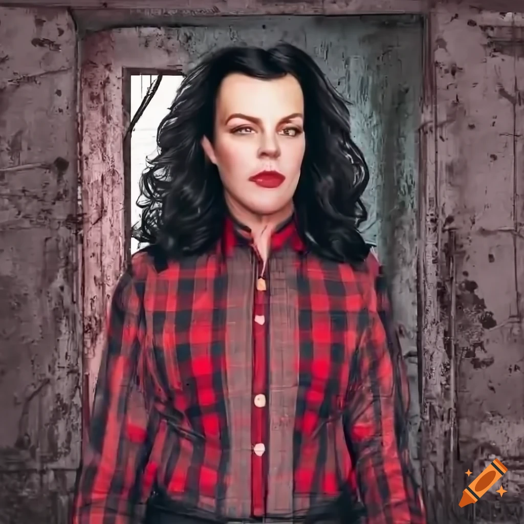 Actress in red plaid shirt and high-waist black leather trousers peeking through derelict ...