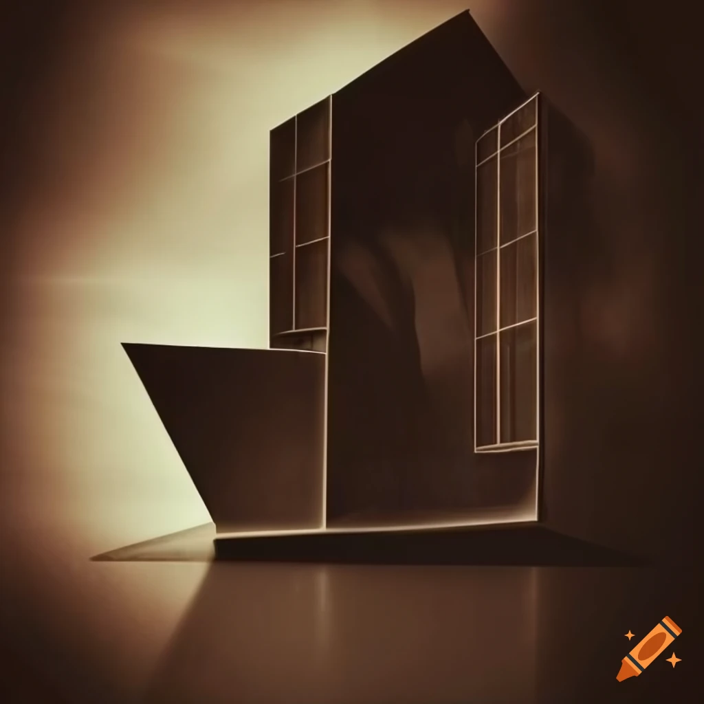 Surrealist black and white landscape with abstract architecture and ...