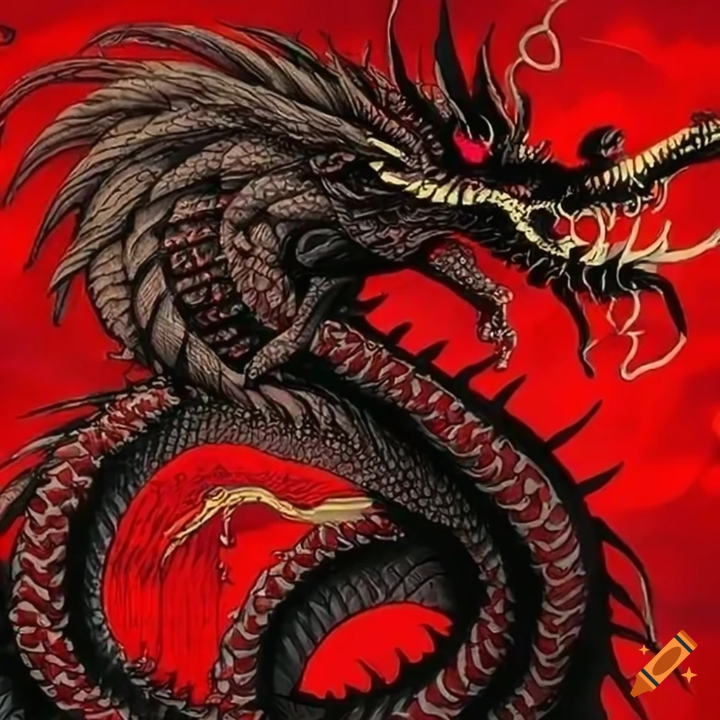 Red and black dragon in traditional japanese art style on Craiyon