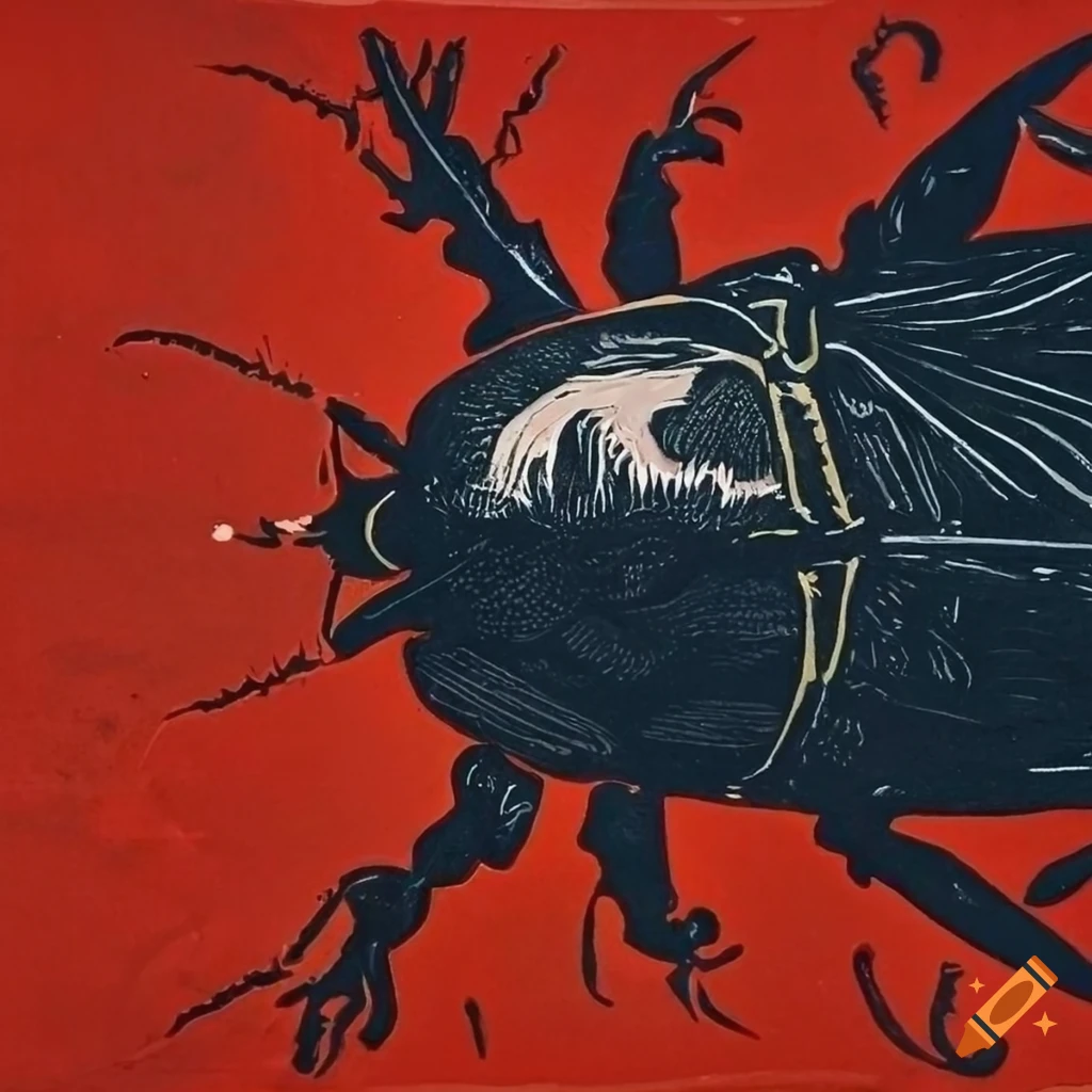Underside view of an insect beetle in a linocut style on Craiyon