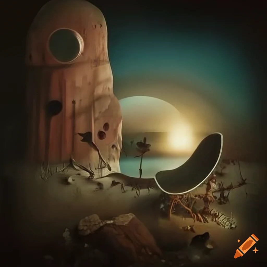 Surrealist landscape with random objects in a design setting on Craiyon