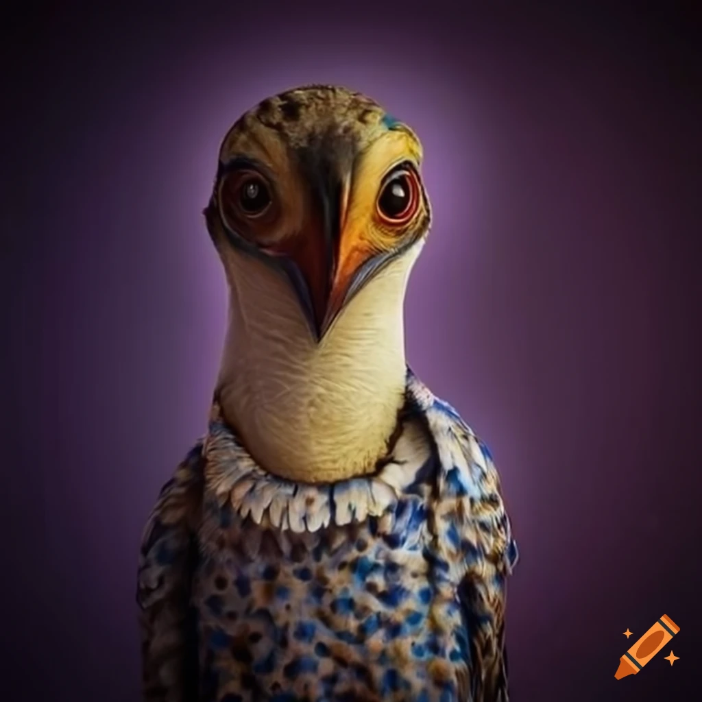 Portrait of a bird-like extraterrestrial creature wearing clothes on Craiyon