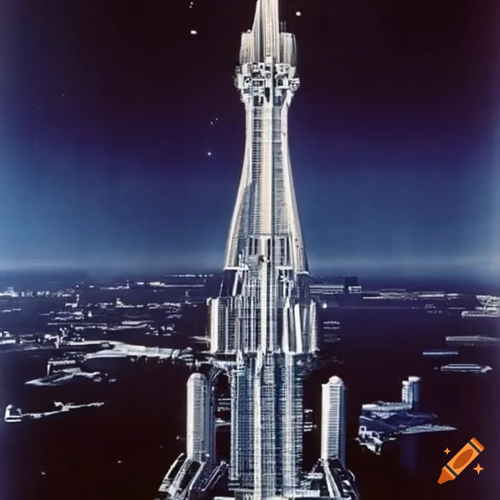 70s sci-fi giant skyscraper megastructure art on Craiyon
