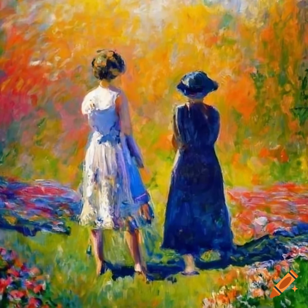 Monet-style painting of women talking in a flower garden on Craiyon