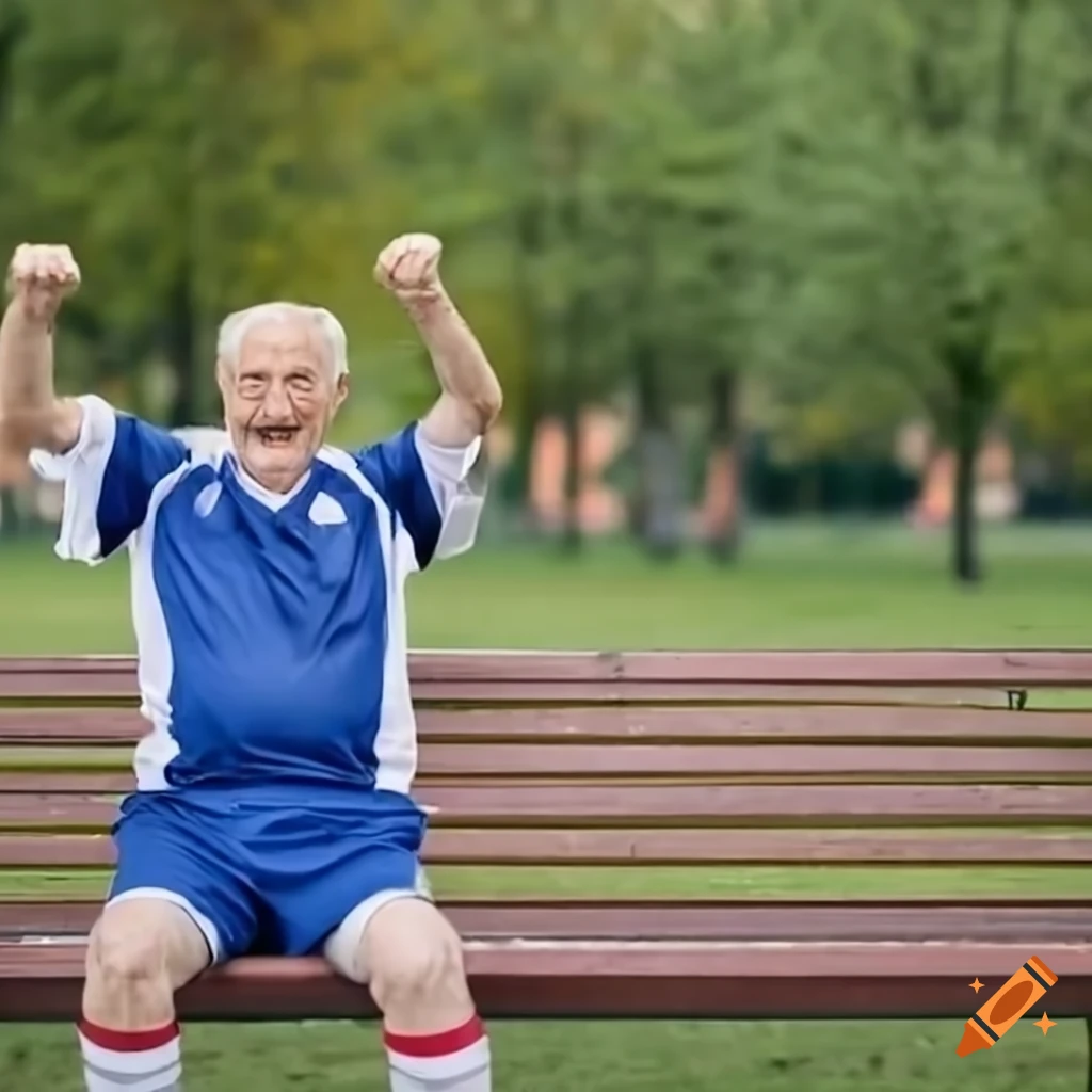 Elderly man in football uniform cheering on team from park bench on Craiyon
