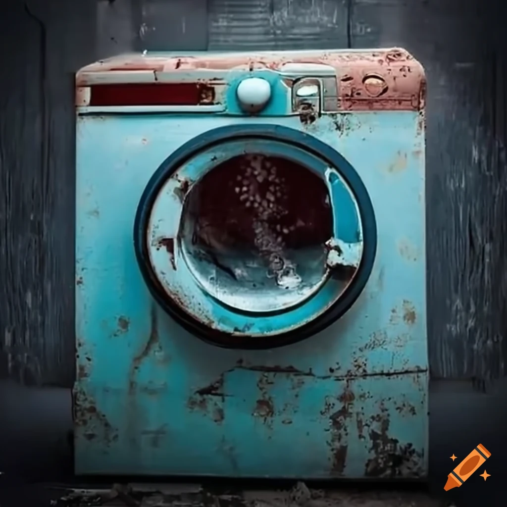 Filthy old top loader washing machine in a dirty room on Craiyon