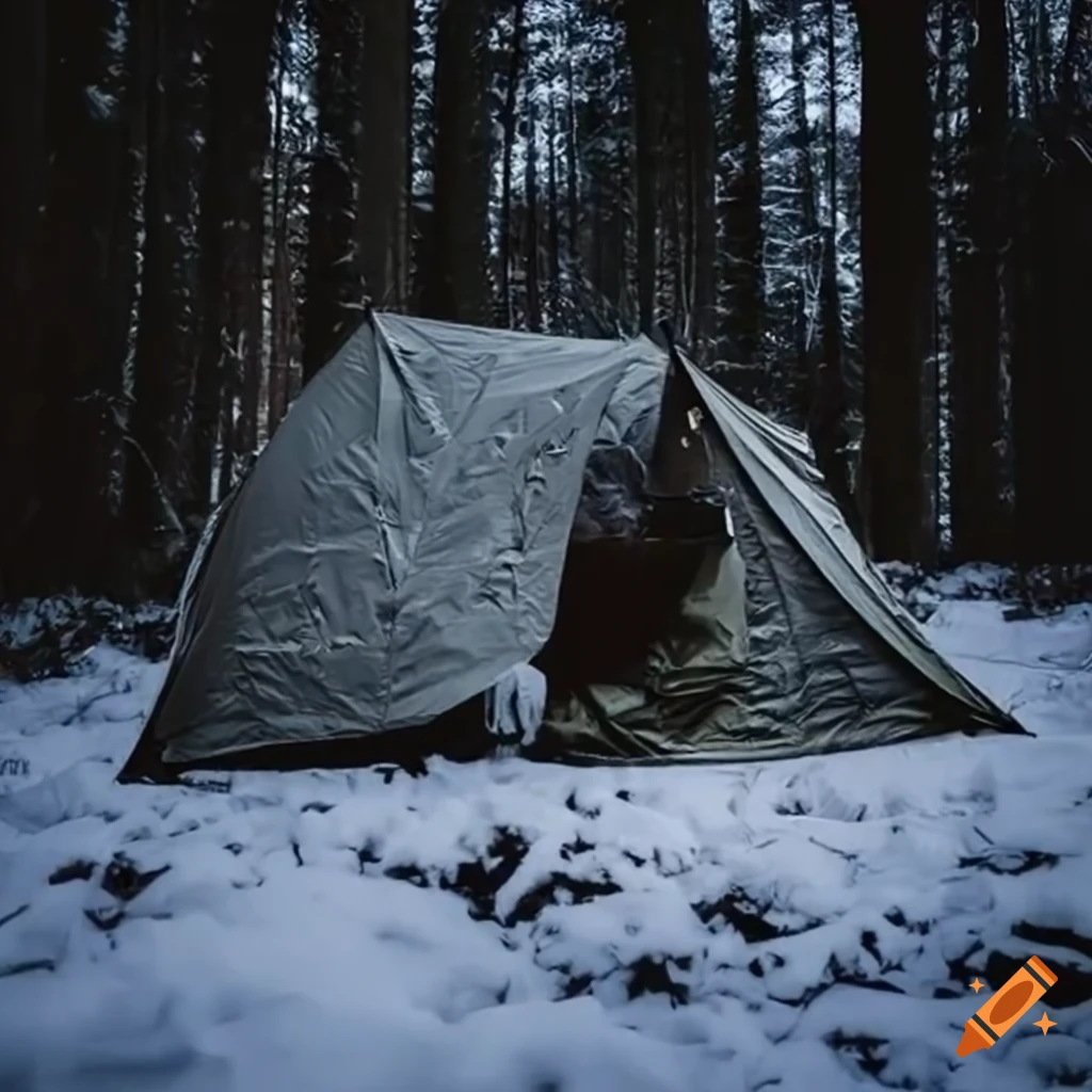 Army tent with winter camouflage in snowy forest on Craiyon