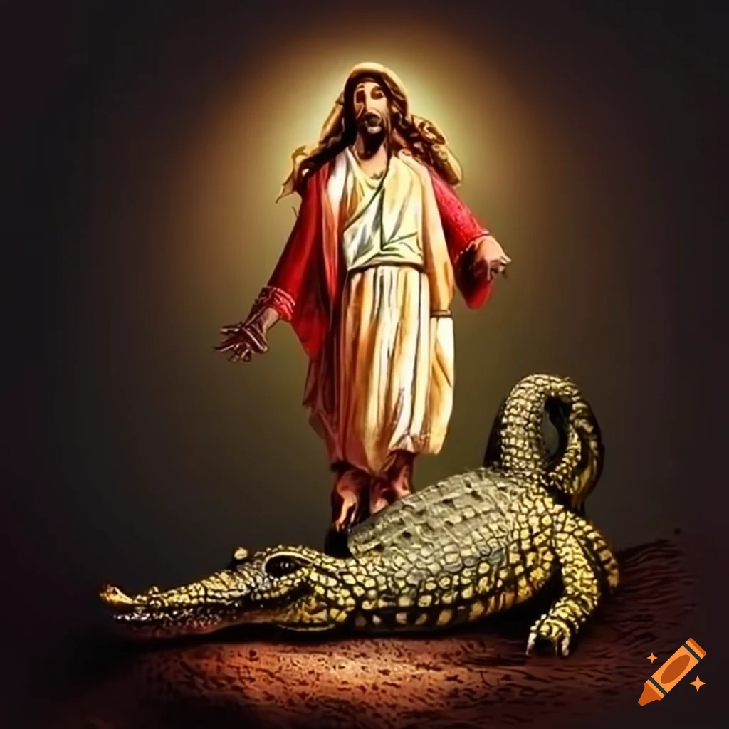 Artistic depiction of jesus riding a crocodile on Craiyon