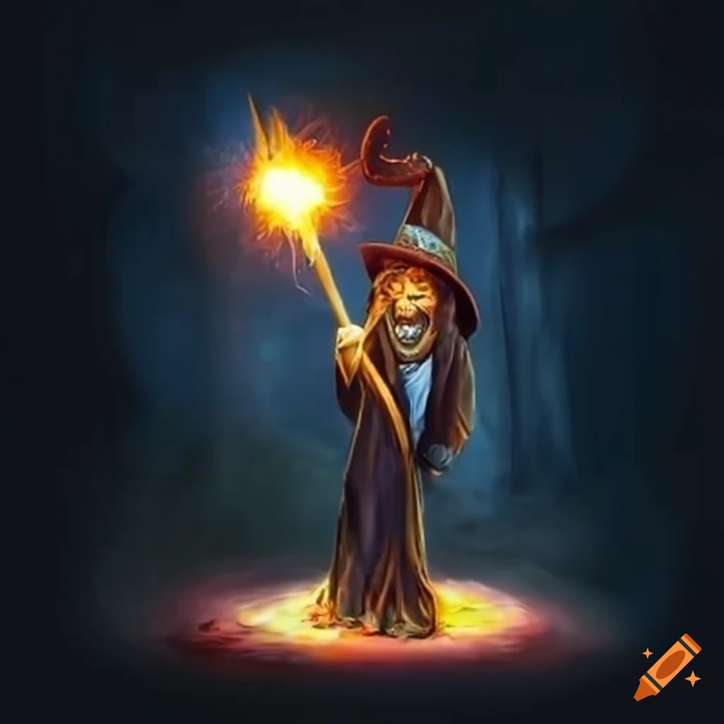 Wizard cat casting a fireball spell with a staff and hat on Craiyon