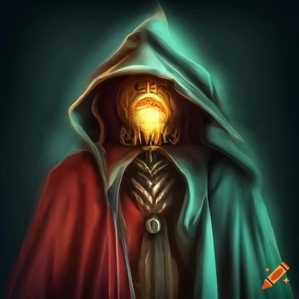 Wizard in mask and robes in a fantasy setting on Craiyon