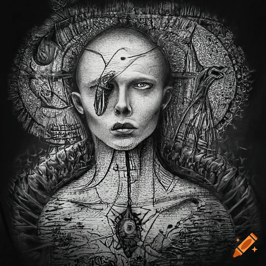 Surreal occult artwork with intertwined symbols and intricate designs ...