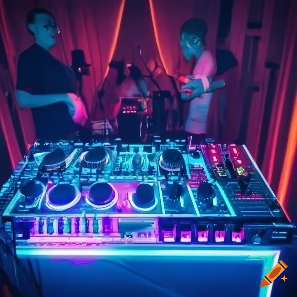 Neon light dj mixer at a techno party on Craiyon