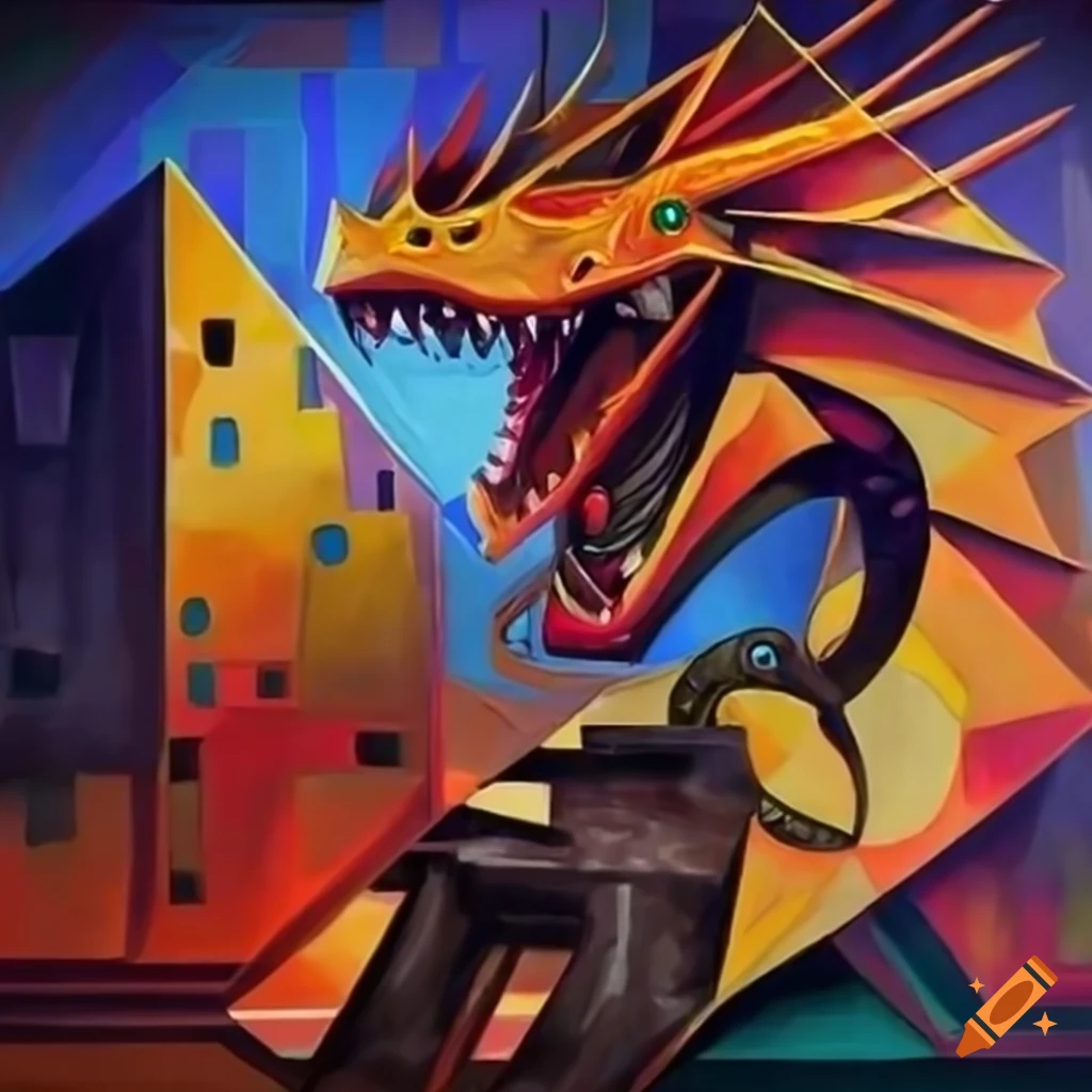 Painting in cubist style with a robot and a dragon on Craiyon