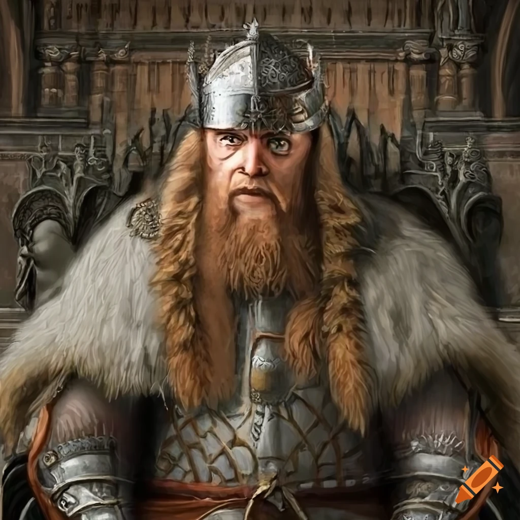 Realistic portrait of a Viking king in armor on a stone throne in a ...