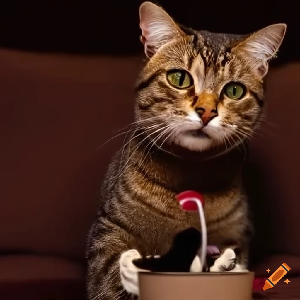 Cat enjoying a chocolate shake on a couch on Craiyon