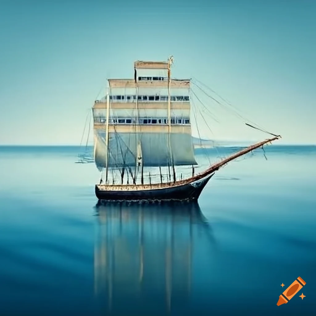 Mid-size ship on calm sea in art deco style on Craiyon