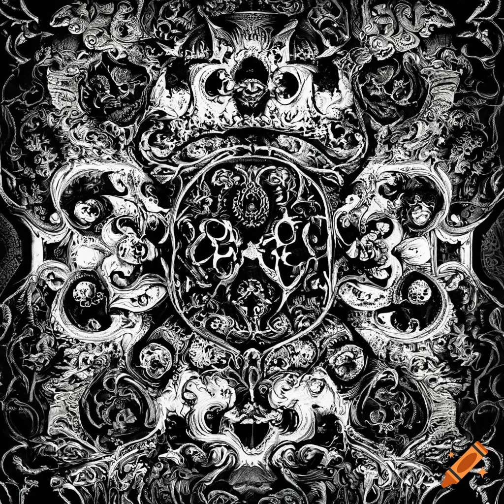Surreal occult poster with intricate intertwined symbols and designs on ...