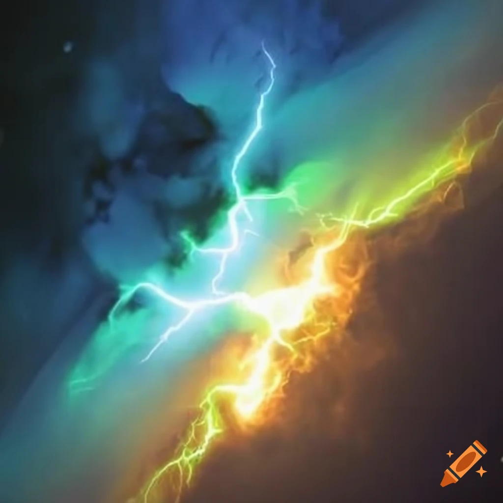Green and blue fire and lightning in space on Craiyon