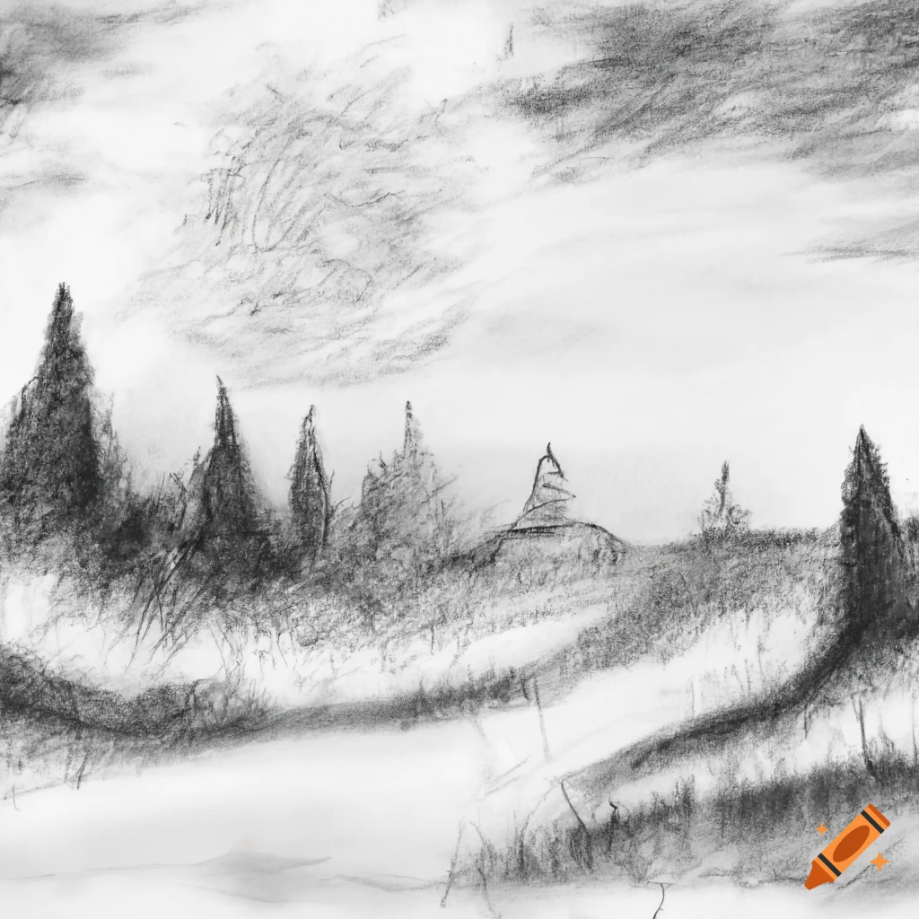 Landscape with hills, forest, and sun in charcoal black and white on ...