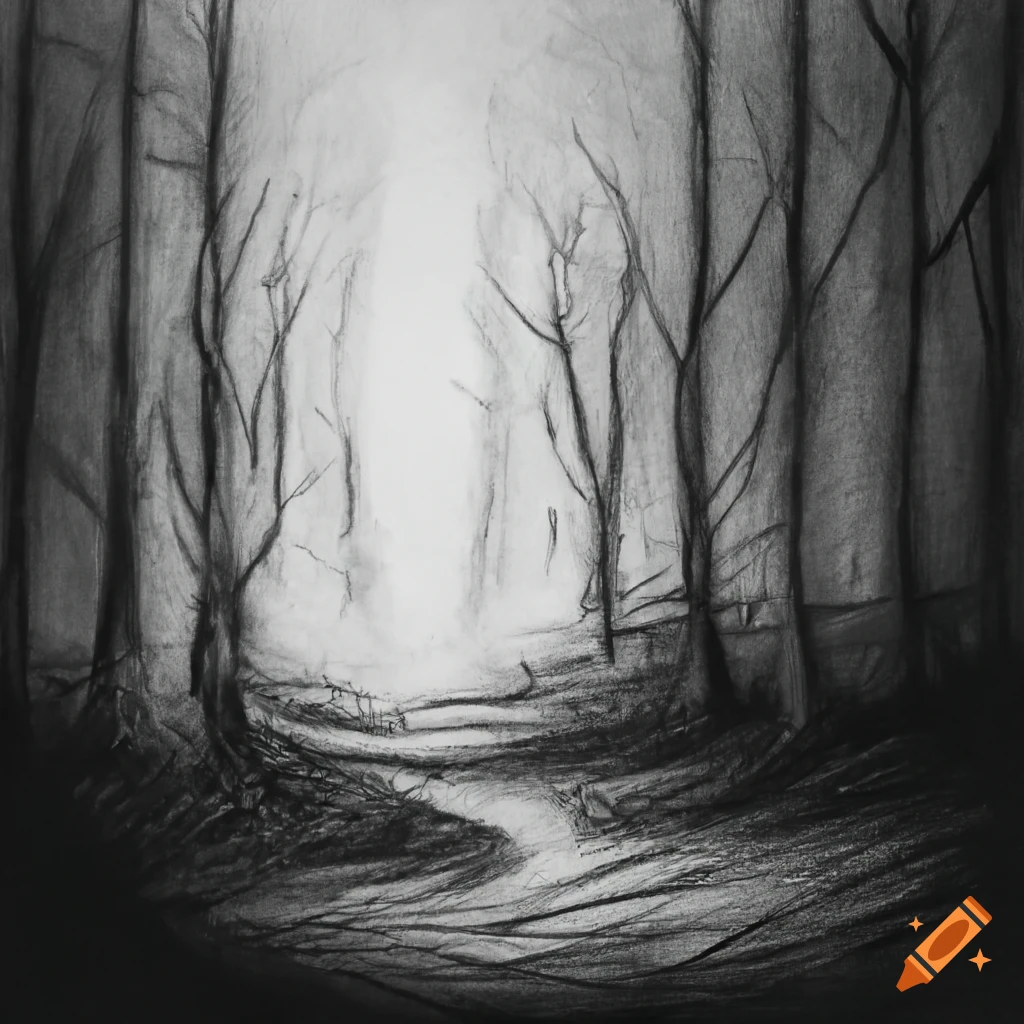 Luminous forest landscape at night in charcoal drawing on Craiyon