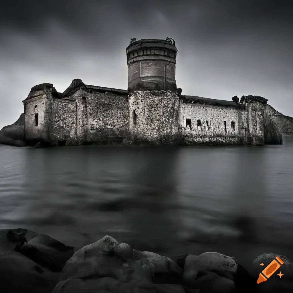 Exterior of a prison-like structure by the shore with caves around on ...