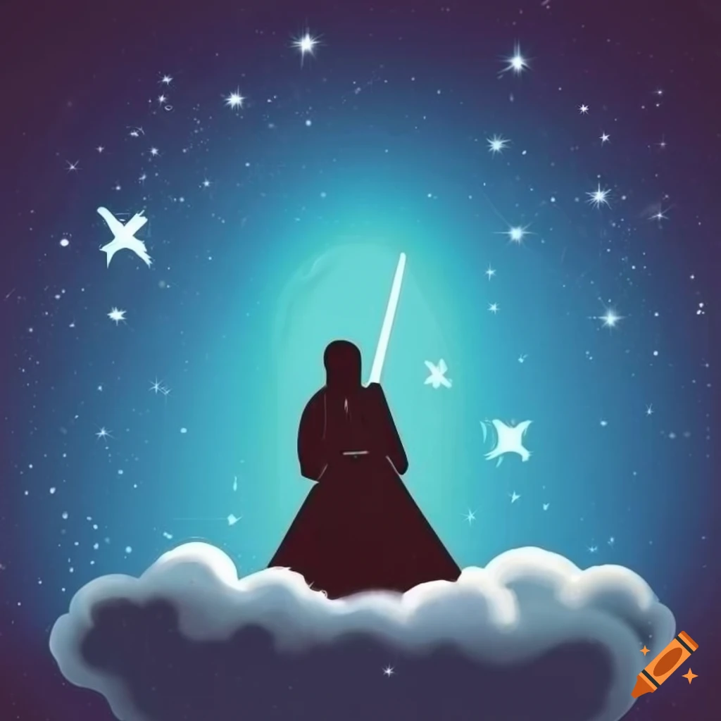 Line illustration of a Jedi standing on a cloud with stars in the ...