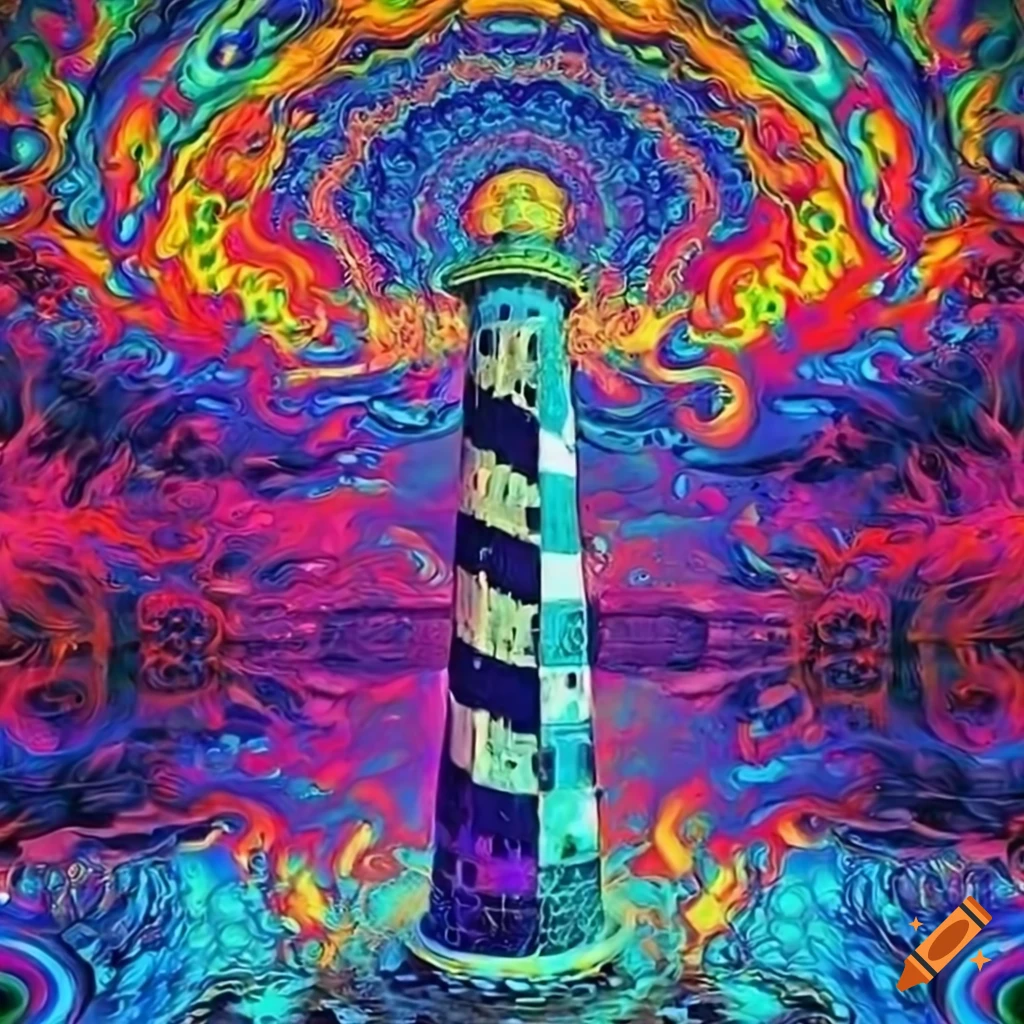 Vibrant psychedelic art with colorful patterns around a lighthouse on ...