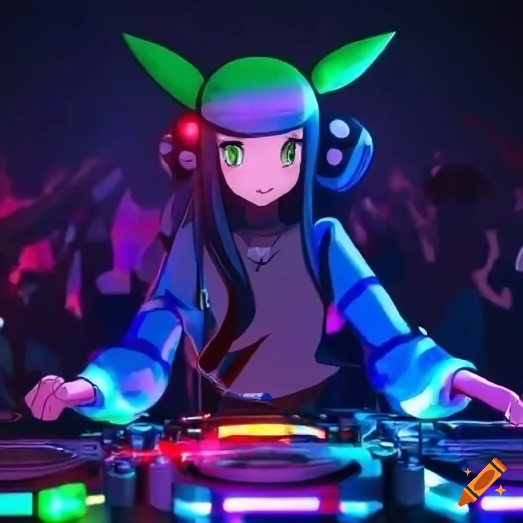 Female Pokémon DJ spinning tracks in a nightclub with dancing crowd and ...