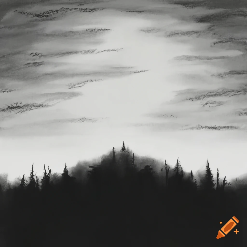 Landscape with hills, forest, and sun in charcoal drawing on Craiyon