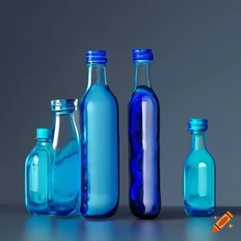 Six bottles with blue liquid on Craiyon