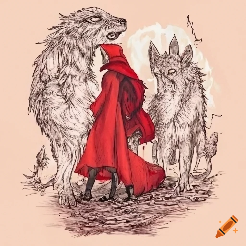 Intricate ink drawing of little red riding hood with fire sword and ...
