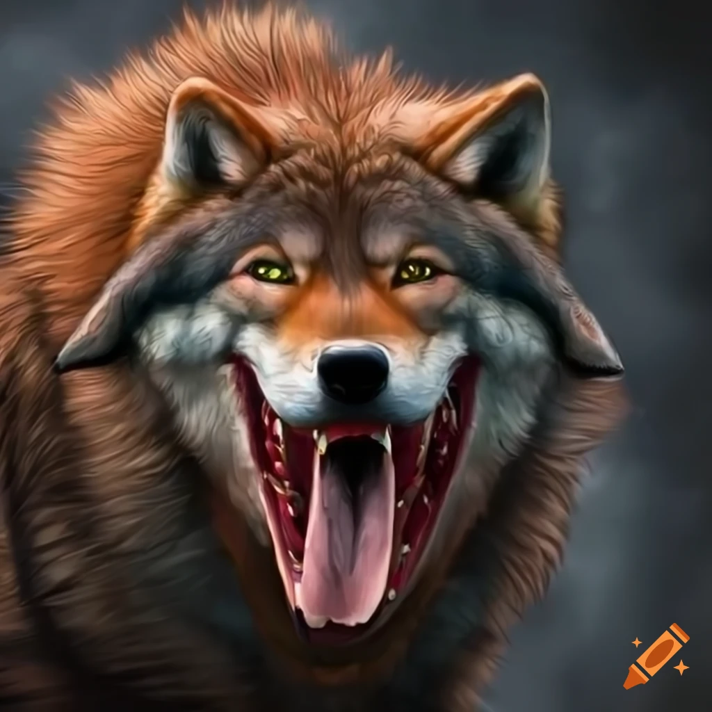 Detailed portrait of a big red fantasy wolf smiling on Craiyon