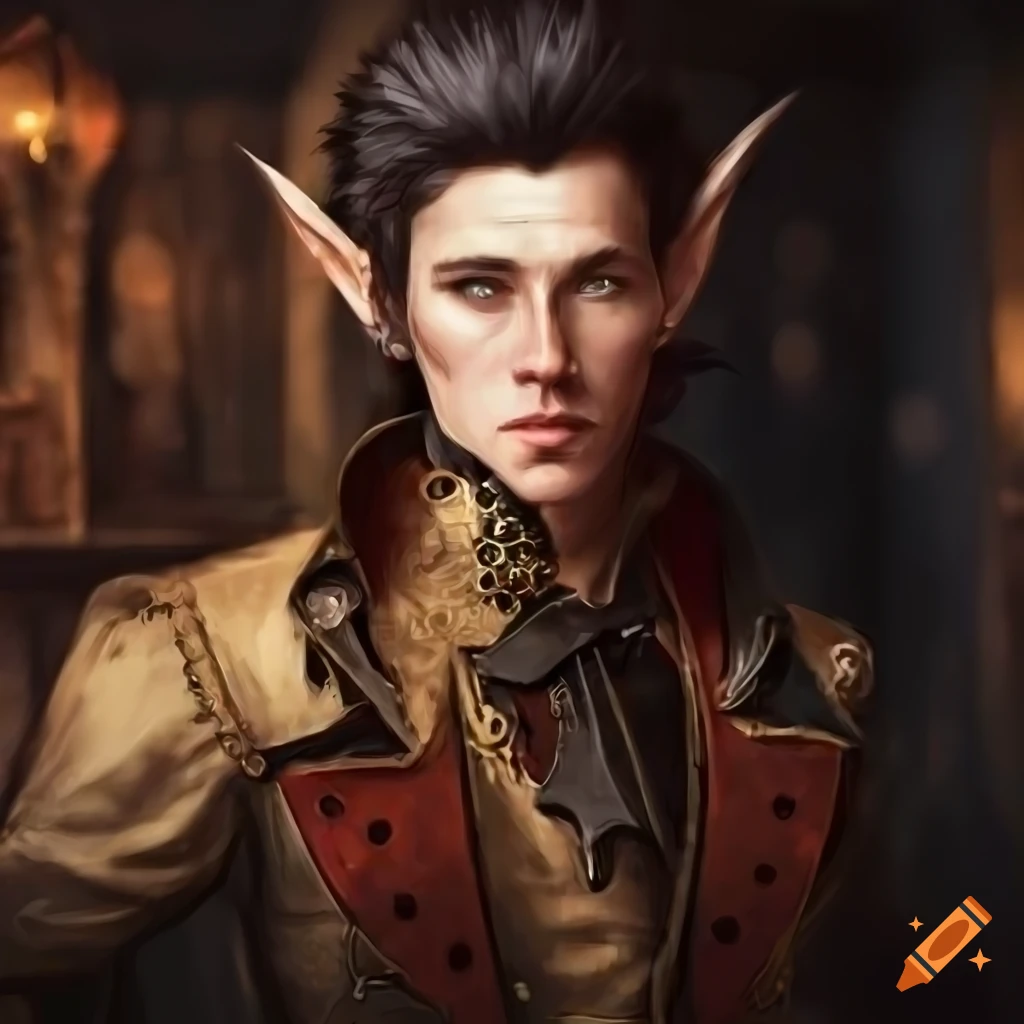 Handsome male elf bard with black spiky hair in a steampunk long ...