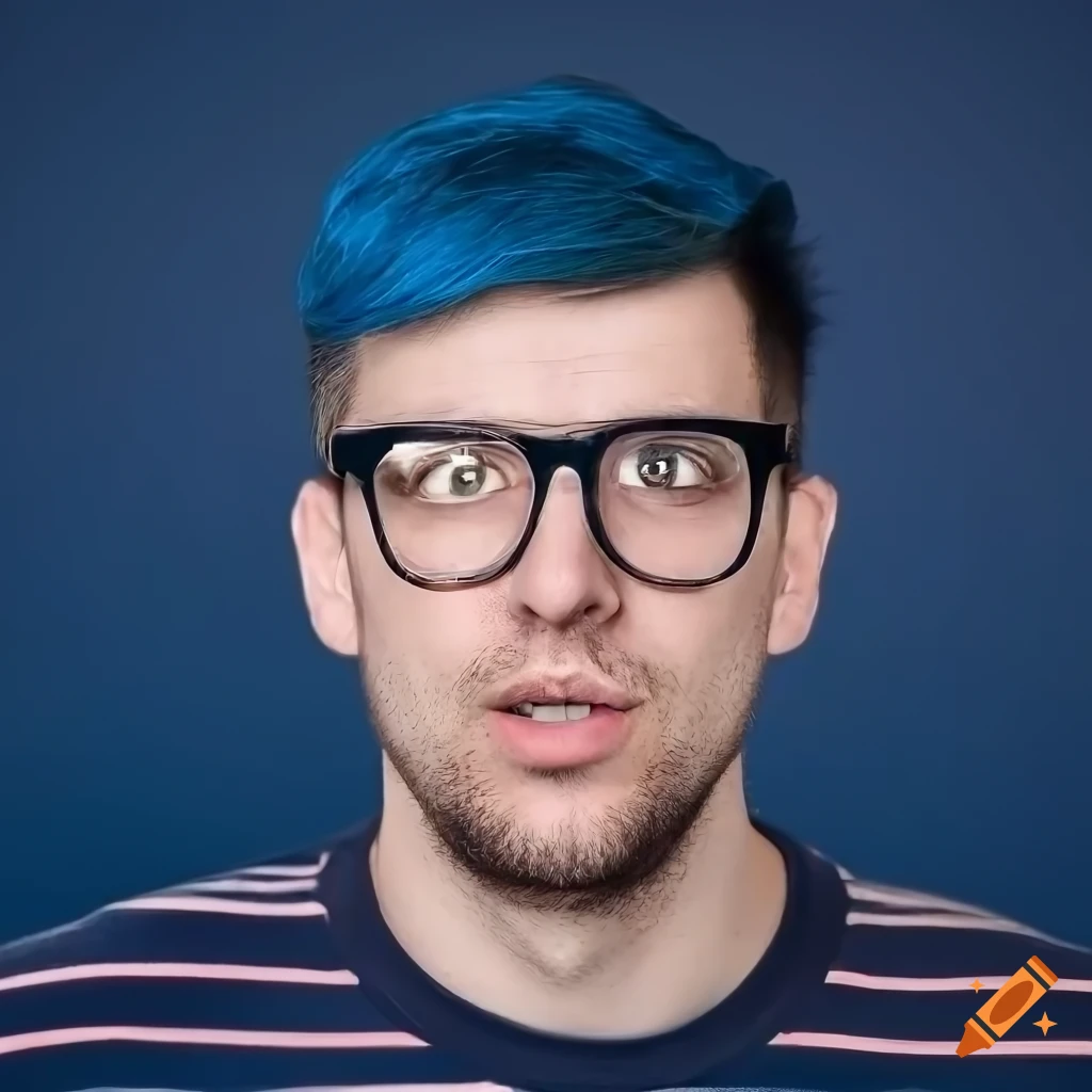 Realistic closeup of a young adult male with indigo hair and big eyes ...