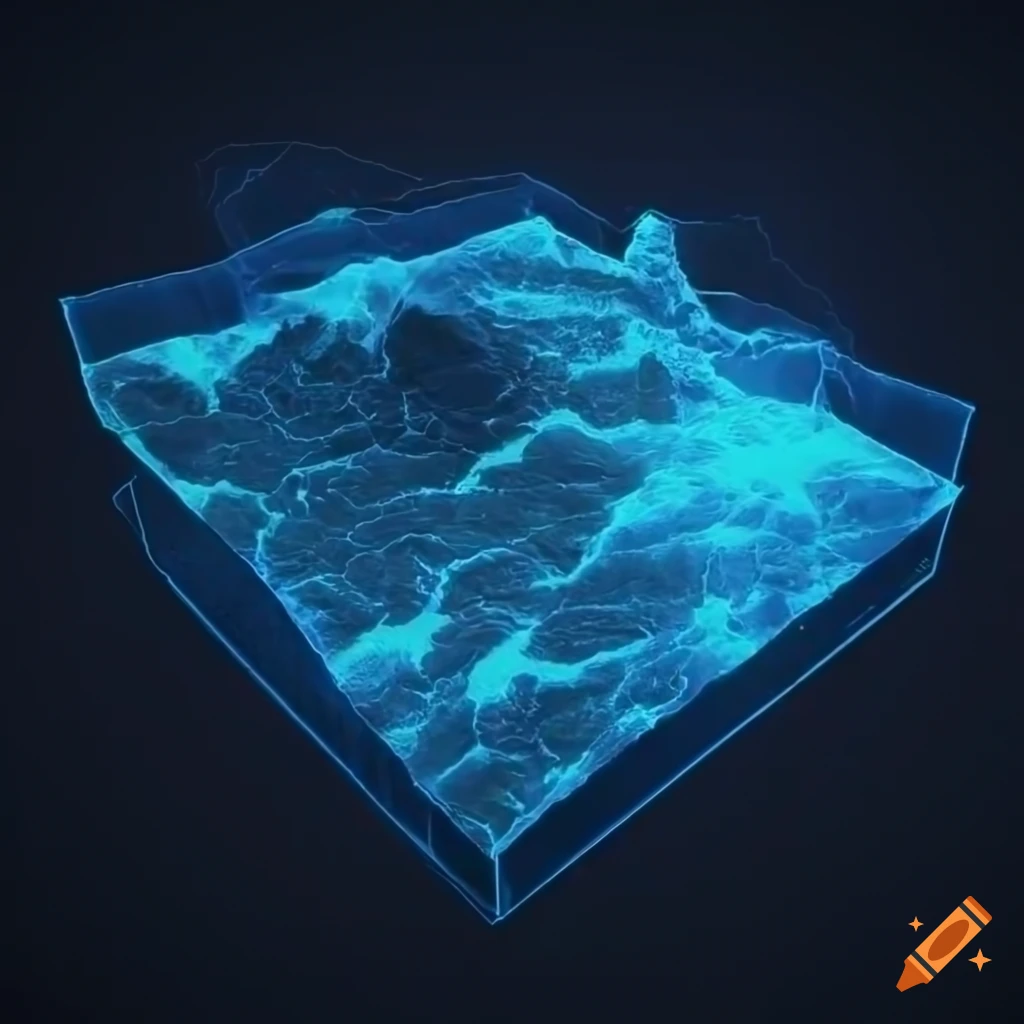 3D hologram island terrain map with scale grids in blue monochrome on ...