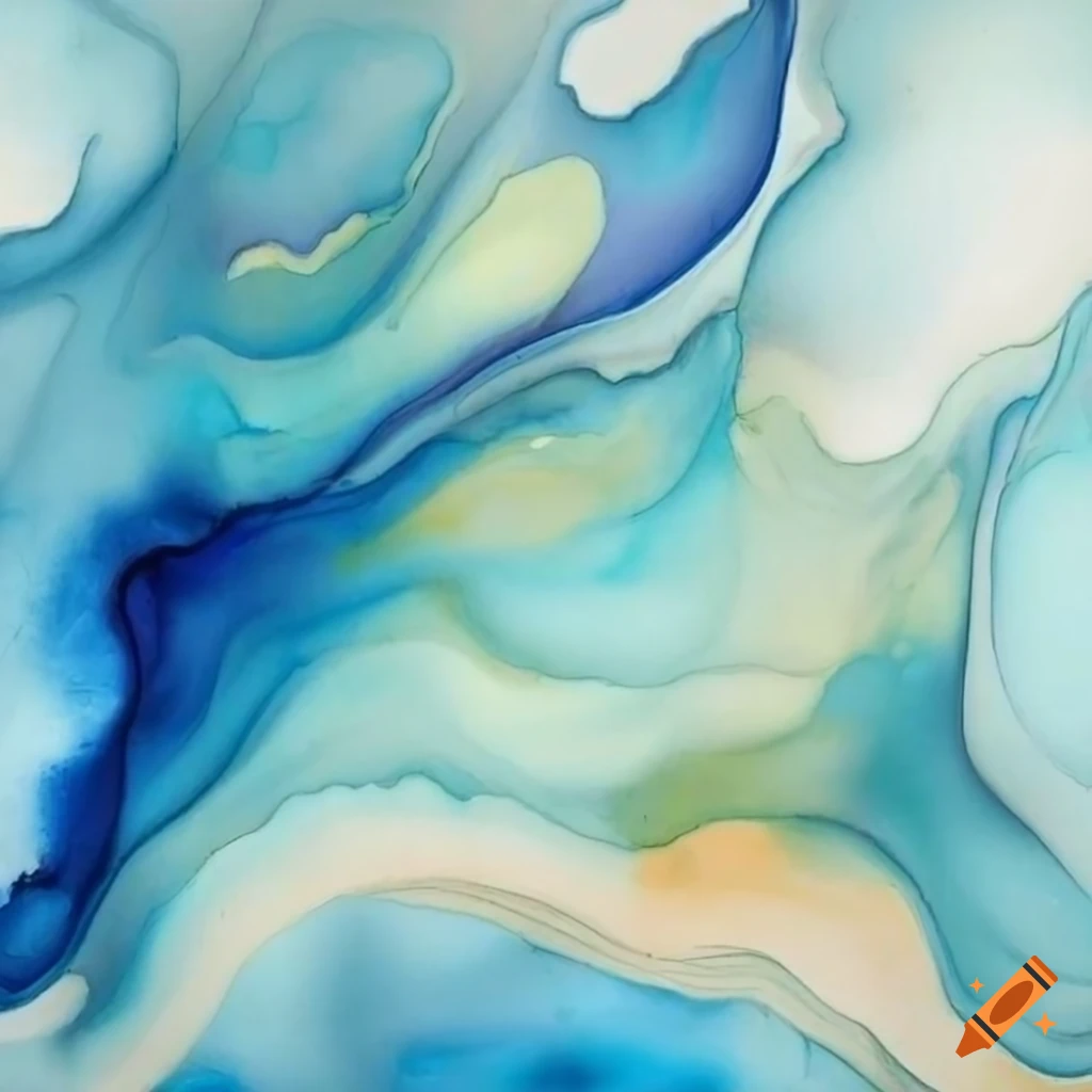 Calming abstract painting in blue shades with light watercolor splashes ...