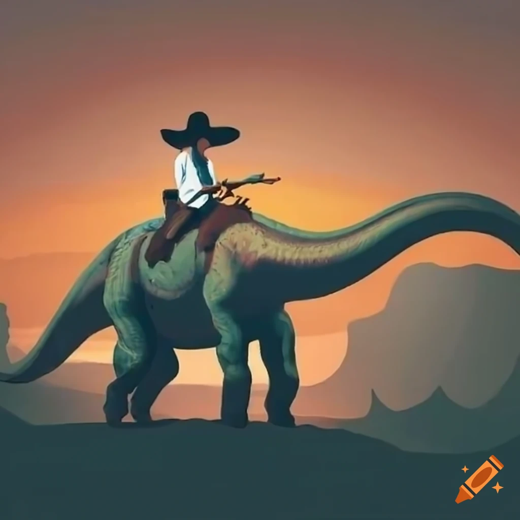 Cowboy riding a brontosaurus into the sunset on Craiyon
