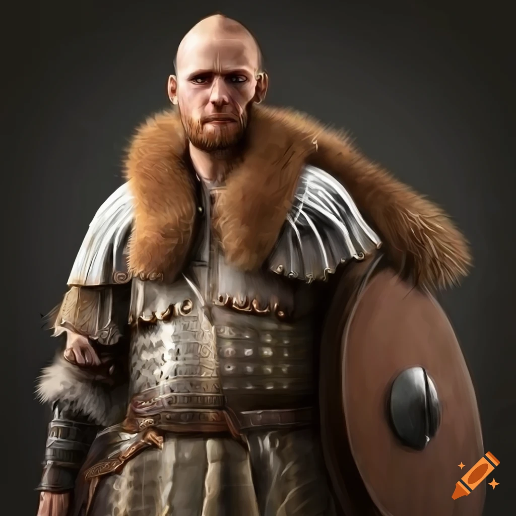 Realistic portrait of a male Viking soldier in armor and fur cape ...