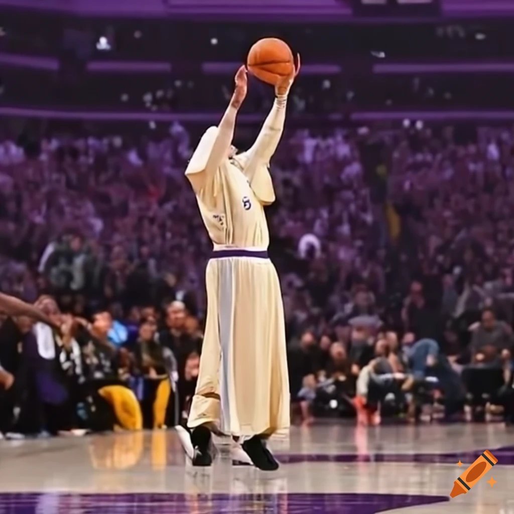 Pope Francis playing basketball and dunking in Lakers arena on Craiyon