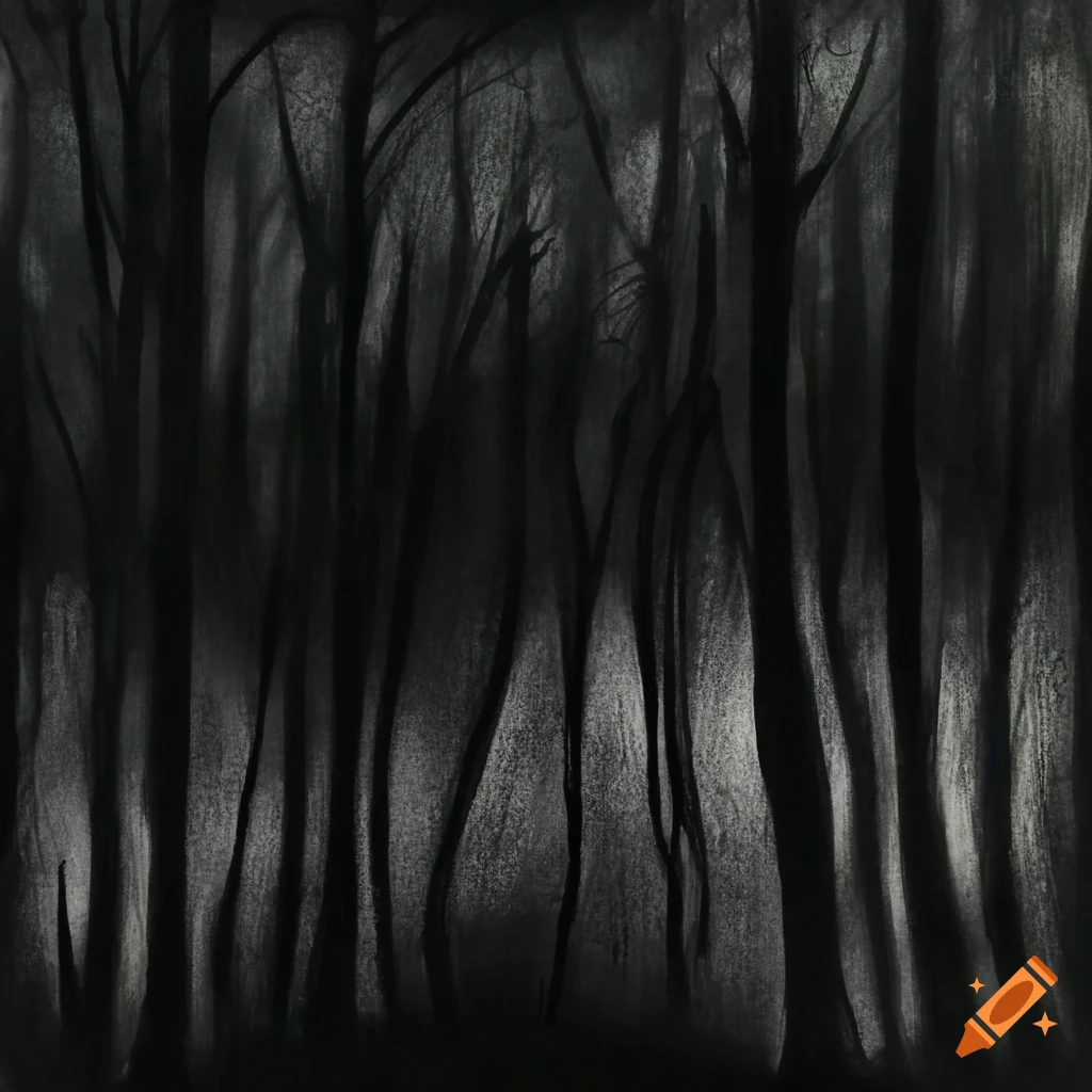 Luminous glow over a dark and gloomy forest night sky in charcoal ...