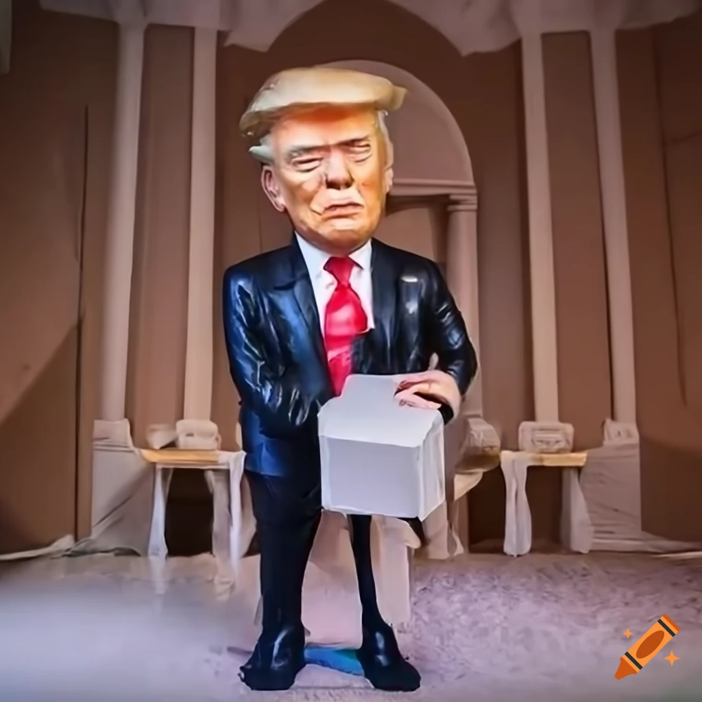 Satirical life-sized trump statue surrounded by cardboard boxes at mar ...