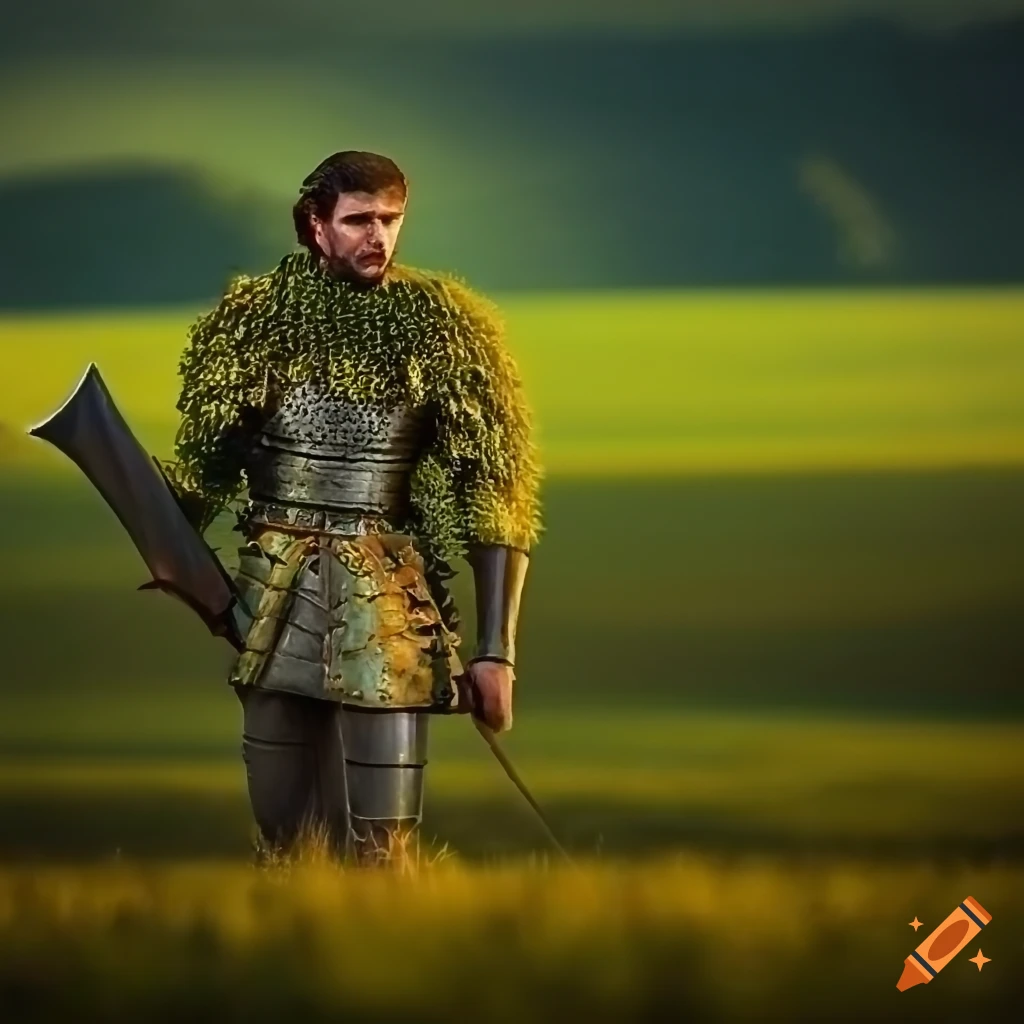Ancient knight in moss-covered armor with a halberd in plains on Craiyon