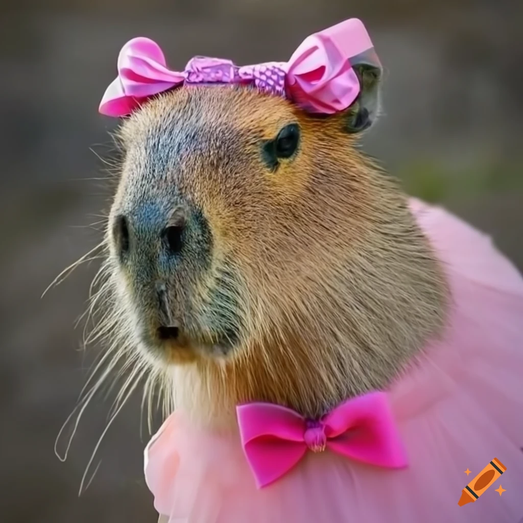 Capybara wearing a pink bow and dress on Craiyon