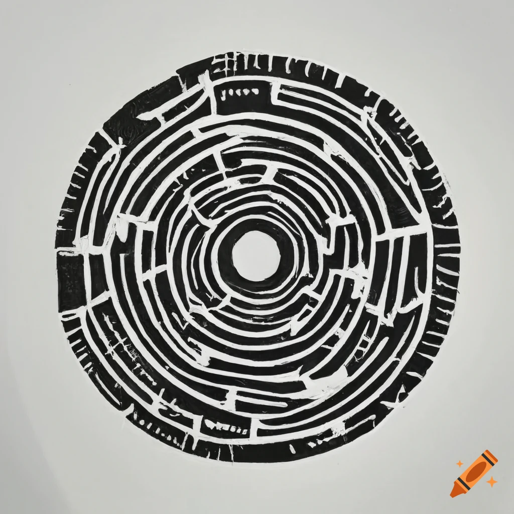 Intricate linocut maze design on Craiyon