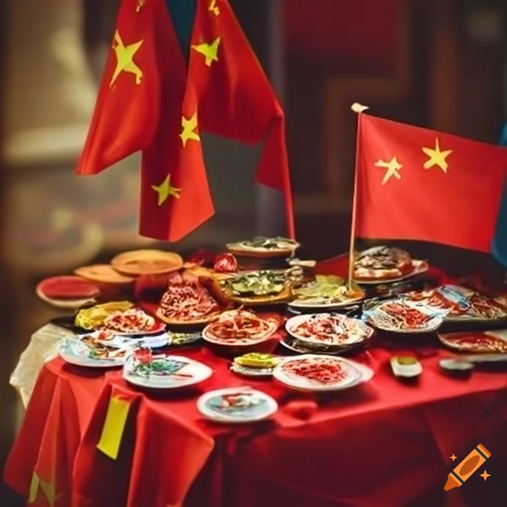 Chinese dishes and decorations with flags of china on Craiyon